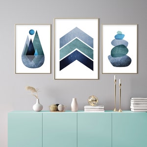 Printable Set of 3, Navy Blue Teal Green, Geometric Printable Art ...