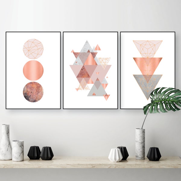 Set of 3 Geometric Print Pink Marble Gray Rose Gold Printable Wall Art ...