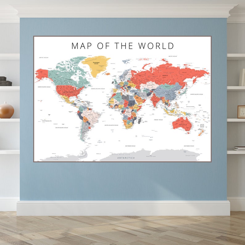 Detailed World Map Print, Extra Large, With USA States (digital ...