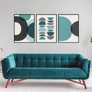 Set of 3 Mid Century Modern Geometric Printable Art Teal Turquoise Grey ...