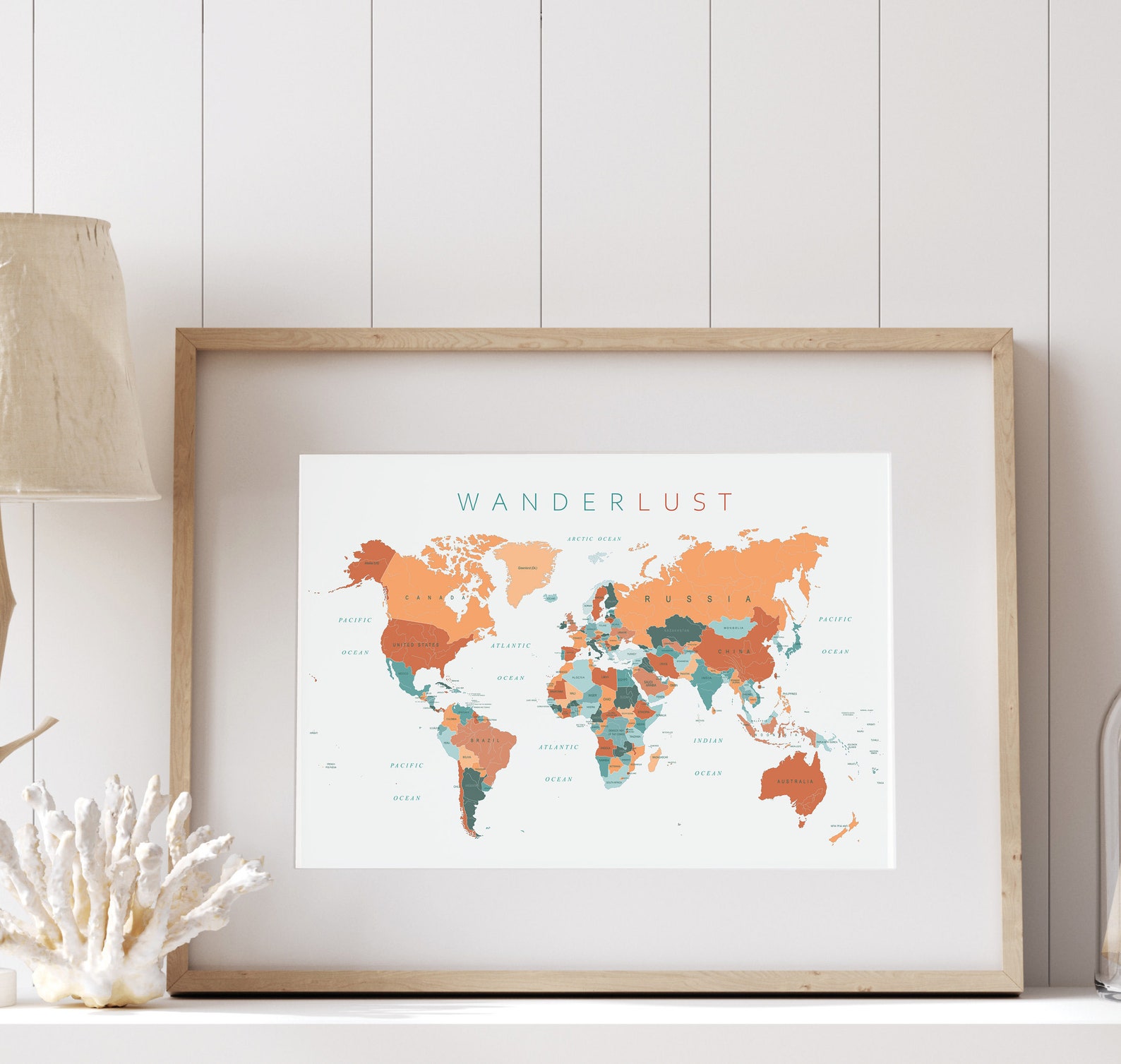 Wanderlust World Map Printable Burnt Orange Teal Map of the | Etsy