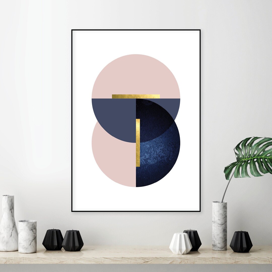 Printable Blush Pink Navy Blue Gold Artwork, Downloadable Geometric ...