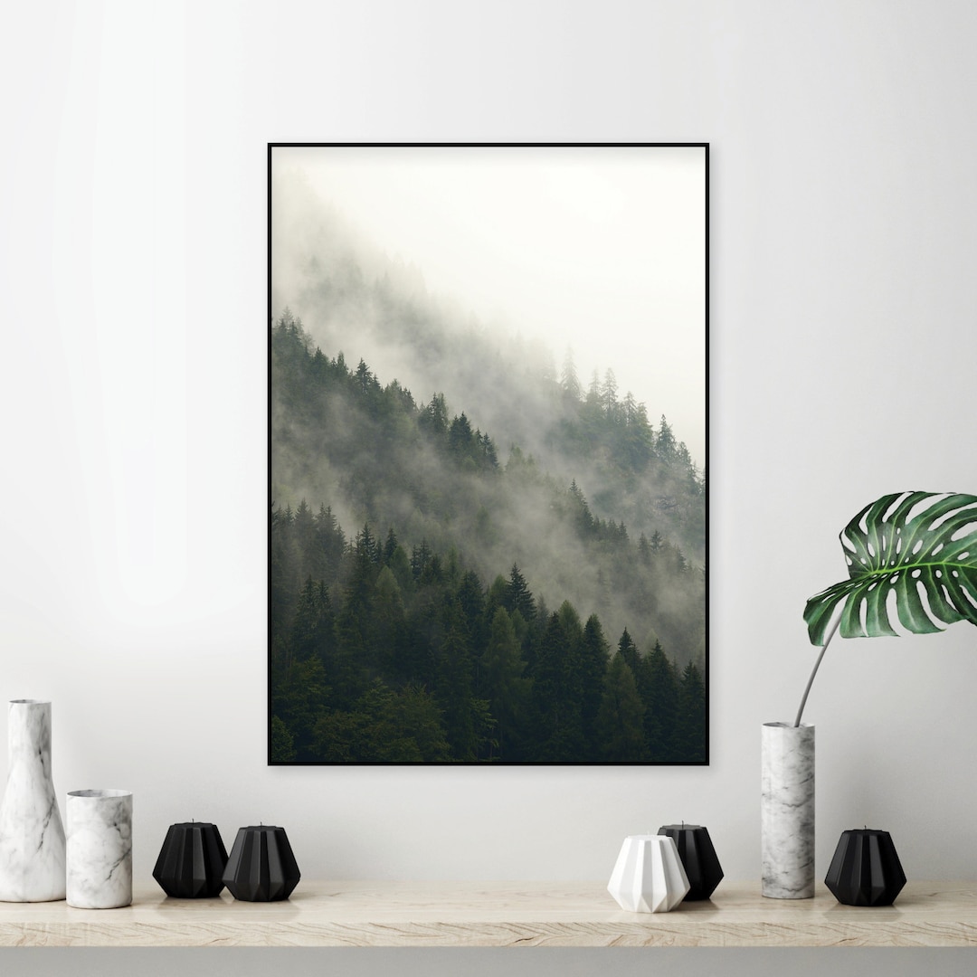 Downloadable Forest Print, Printable Art, Forest, Mountain, Mist, Misty ...