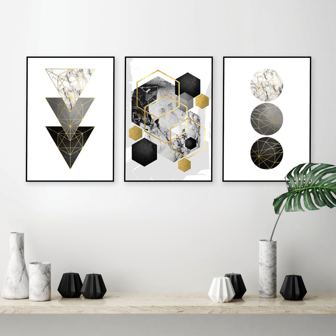 Printable Art Set of 3 in Black White Grey Gold, Digital Download ...