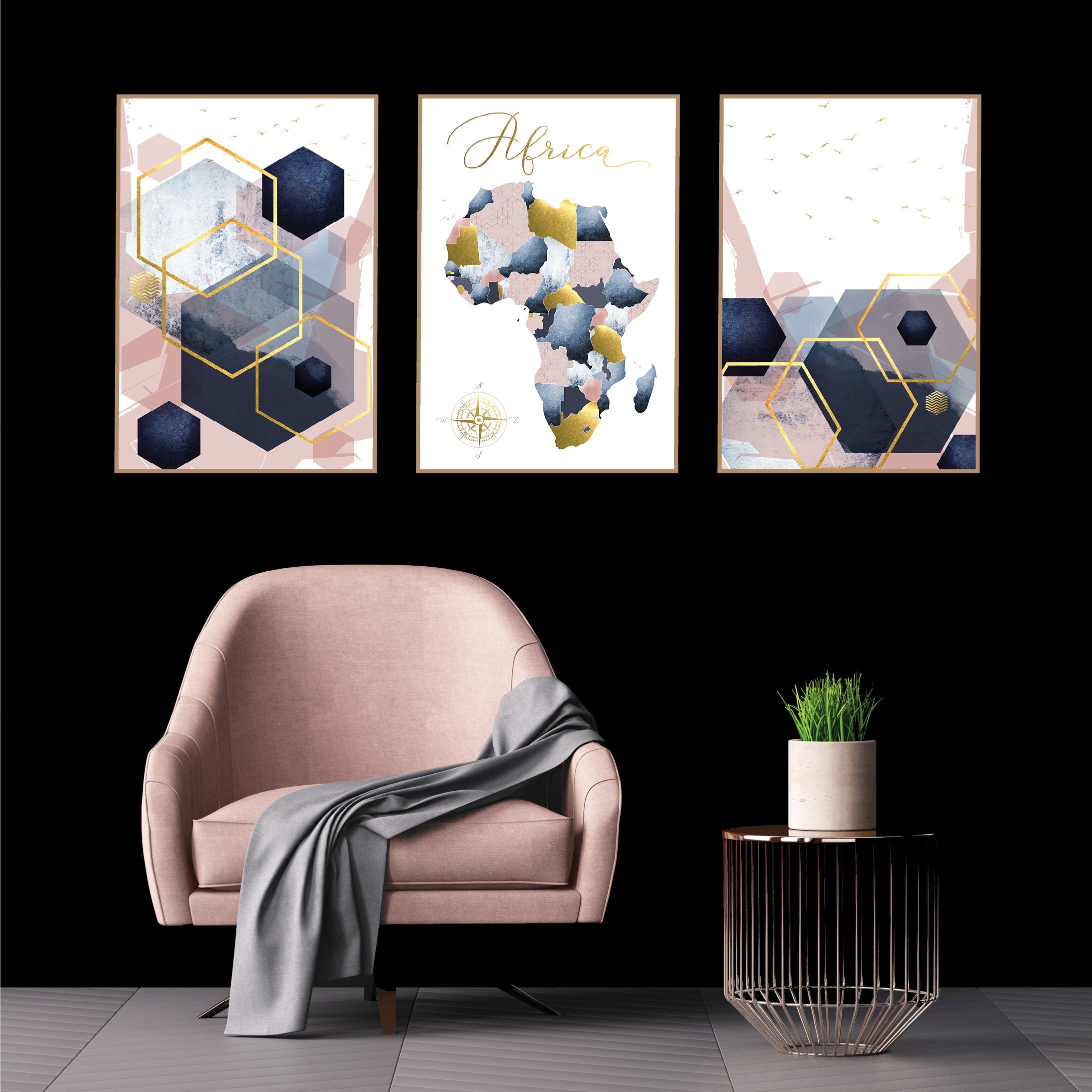 Custom Map of Africa Set of 3 Printable Geometric Art Modern | Etsy