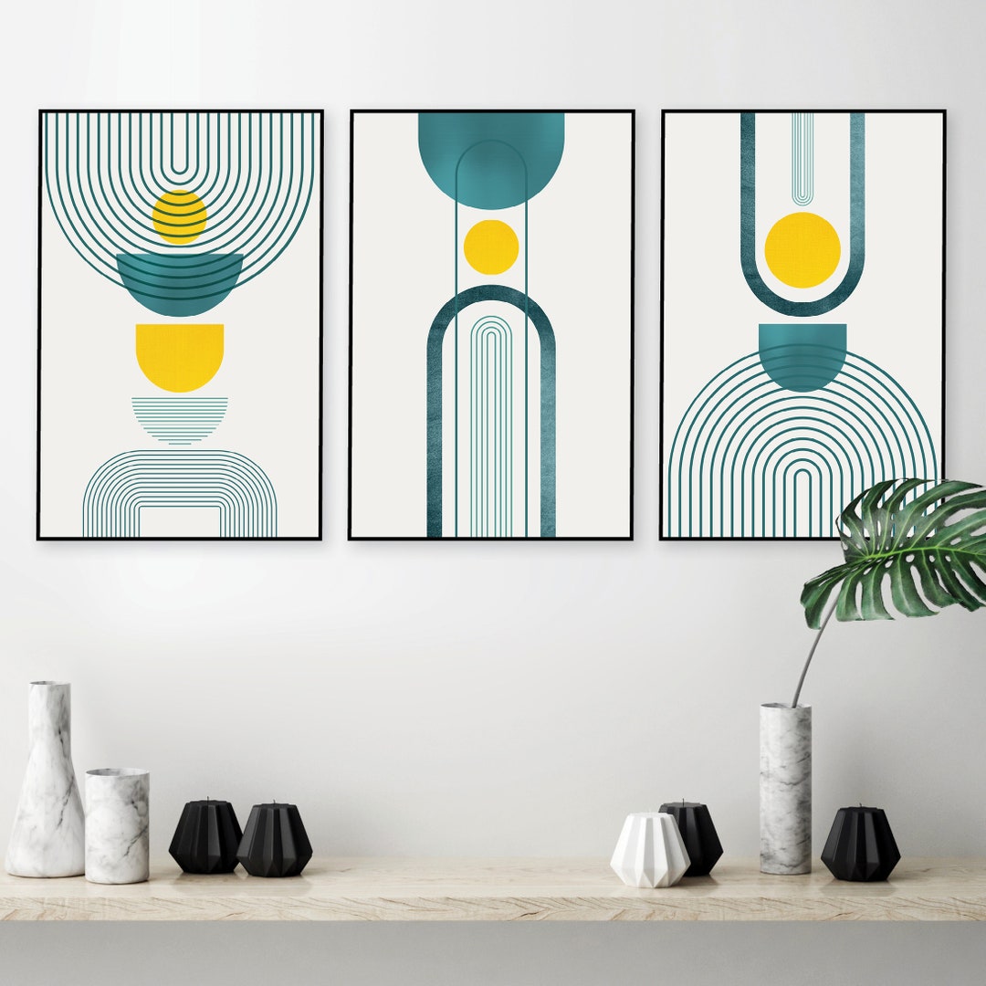 Printable Modern Mid Century Set of 3, Teal Yellow, Downloadable Teal ...