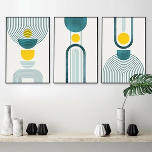 Mid Century Modern Print Set, Teal Yellow Geometric Art (digital ...