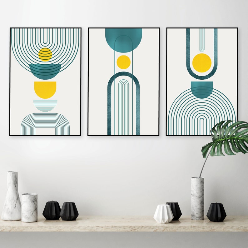 Printable Modern Mid Century Set of 3 Teal Yellow - Etsy