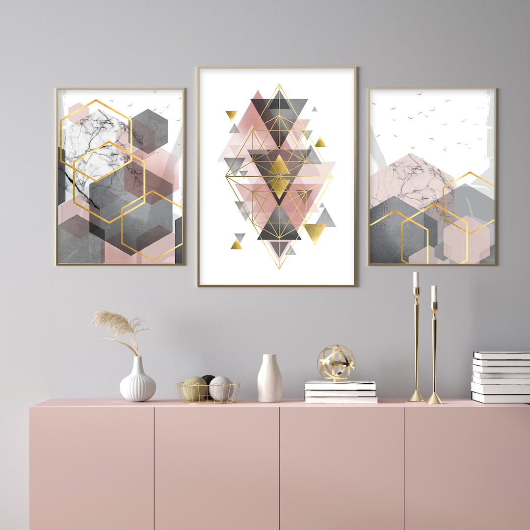 Set of 3 Printable Blush Pink Grey Gold Posters Living Room Art Large ...