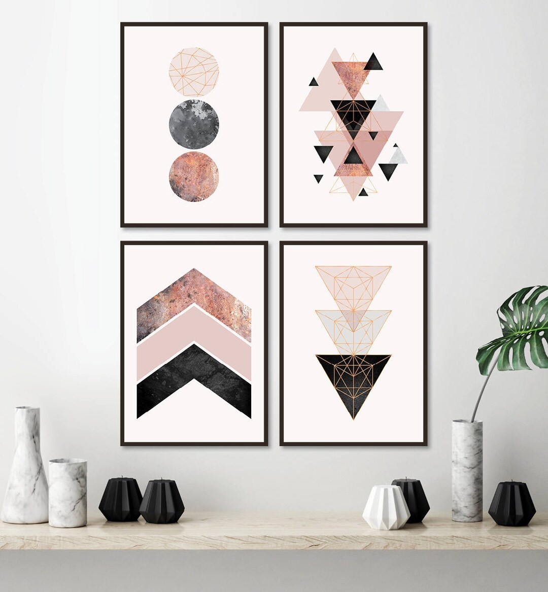 Set of 4 Downloadable Geometric Prints in Blush Pink Rose Gold Black ...