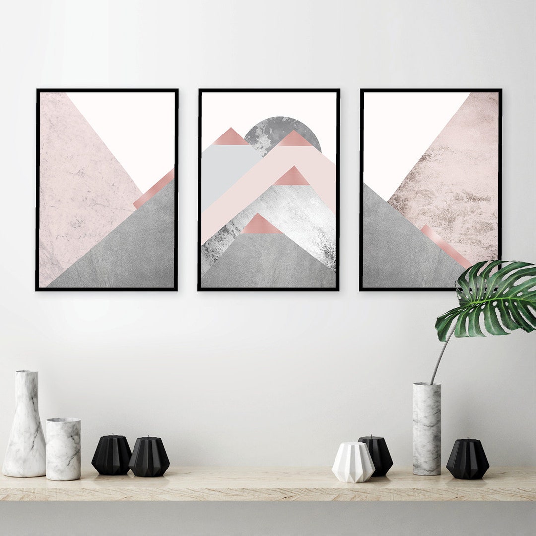 Printable Art Downloadable Prints Set of 3 Mountains Blush Pink Grey ...