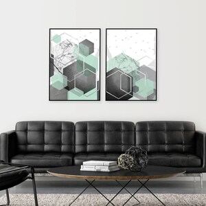 Set of 2 Digital Downloads, Mint Green Silver Grey Printable Wall Art ...