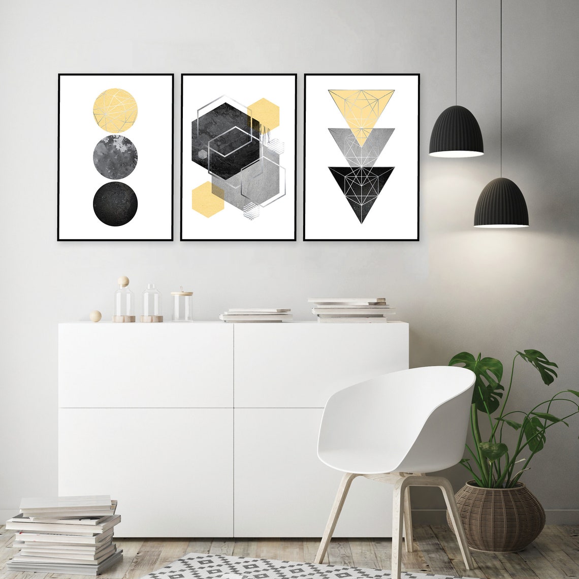 Geometric Art Downloads in Yellow Grey Black Silver Printable - Etsy