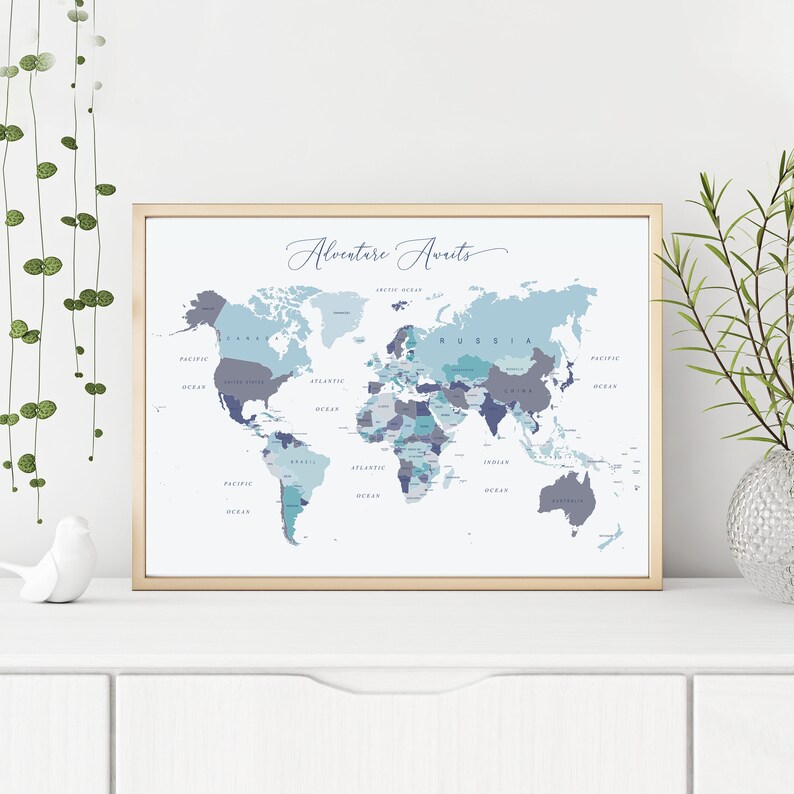 Small World Map Blue World Map Poster Downloadable - Etsy Australia