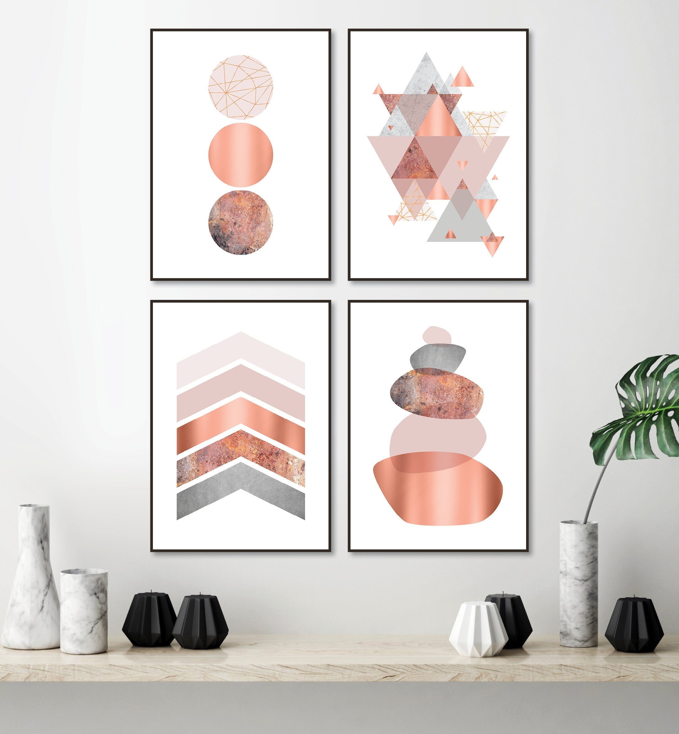 Set of 4 geometric downloadable prints in blush pink copper | Etsy