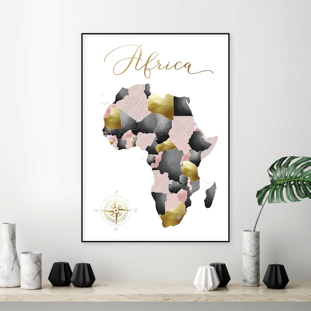 Africa Map Print, Blush Pink, Grey, Gold, Modern Wall Art (digital ...