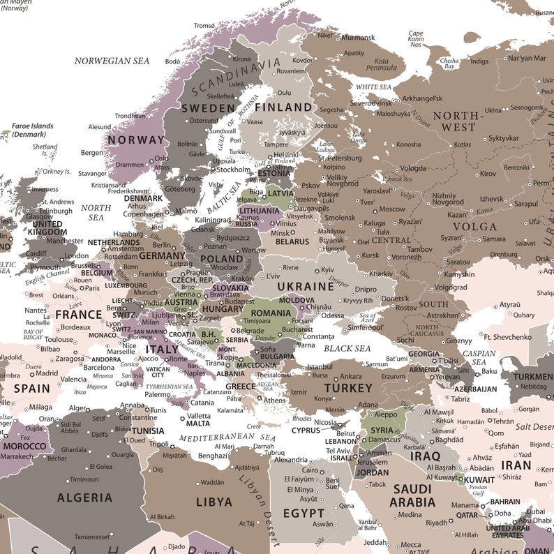 Detailed World Map Poster, Muted Neutral Colors (digital Download) - Etsy