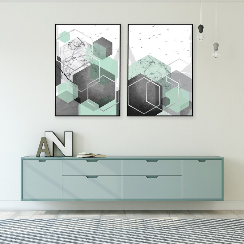 Set of 2 Digital Downloads, Mint Green Silver Grey Printable Wall Art ...