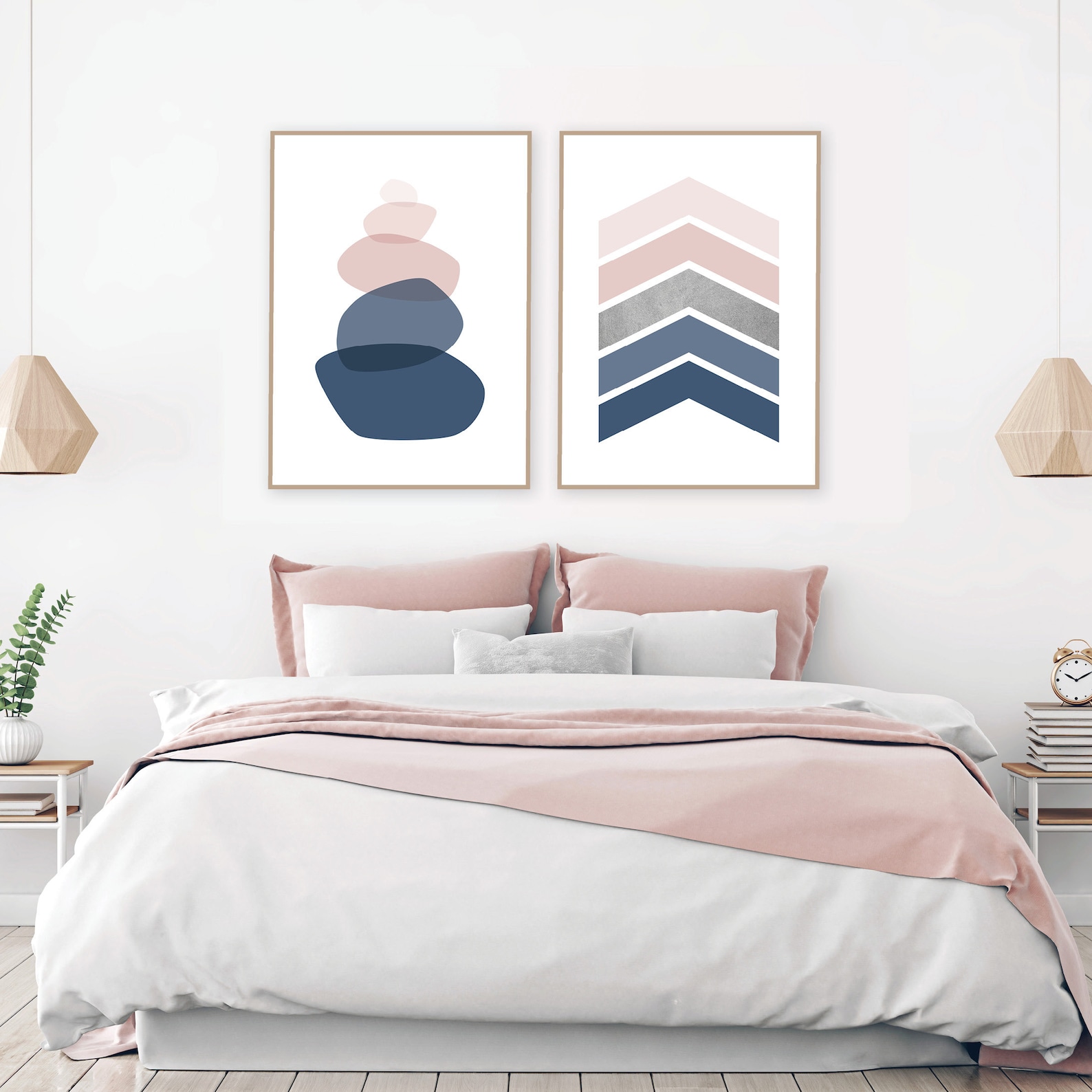 Set of 2 Downloadable Blush Pink Navy Blue Scandi Prints | Etsy
