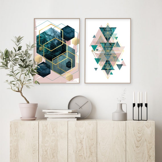 Set of 2 Printable Blush Pink Teal Gold Geometric Prints Digital Download Dusky Pastel Pink Green Bedroom Wall Art Decor Trending Now Etsy Canada