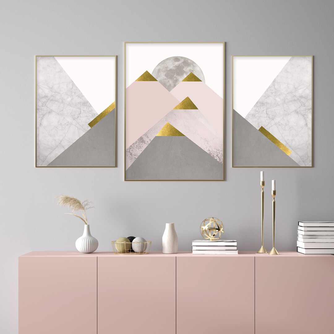 Set of 3 Printable Art Mountain Triptych Prints in Blush Pink - Etsy