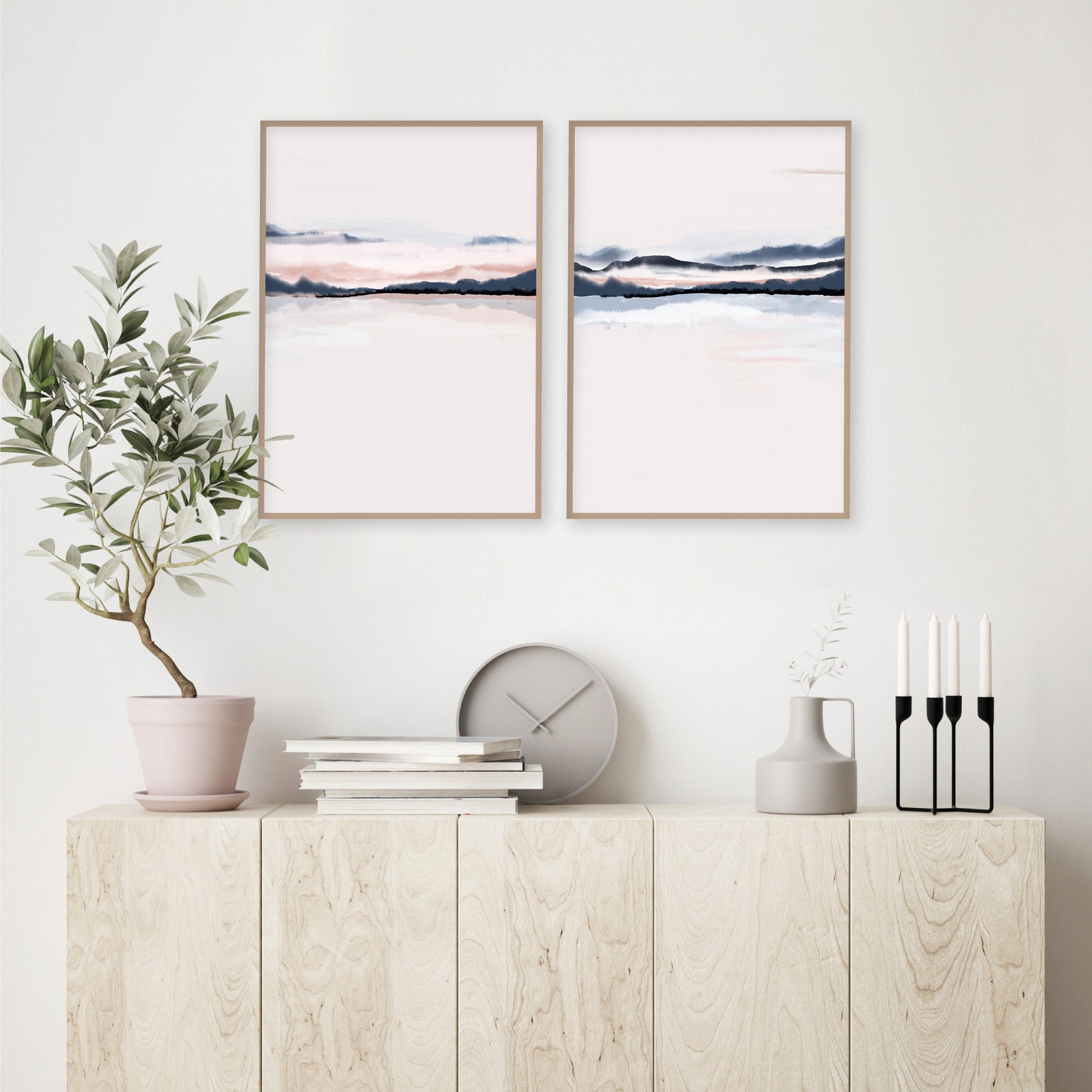 Horizon, Blush Navy Wall Art, Set of 2 Prints, Navy Blush Posters ...