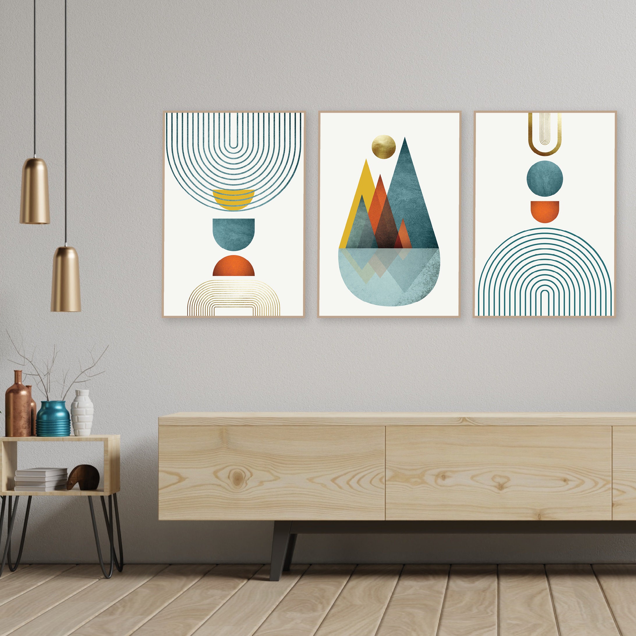 Printable Burnt Orange Teal Gold Wall Art, Art Set of 3, Mid Century ...