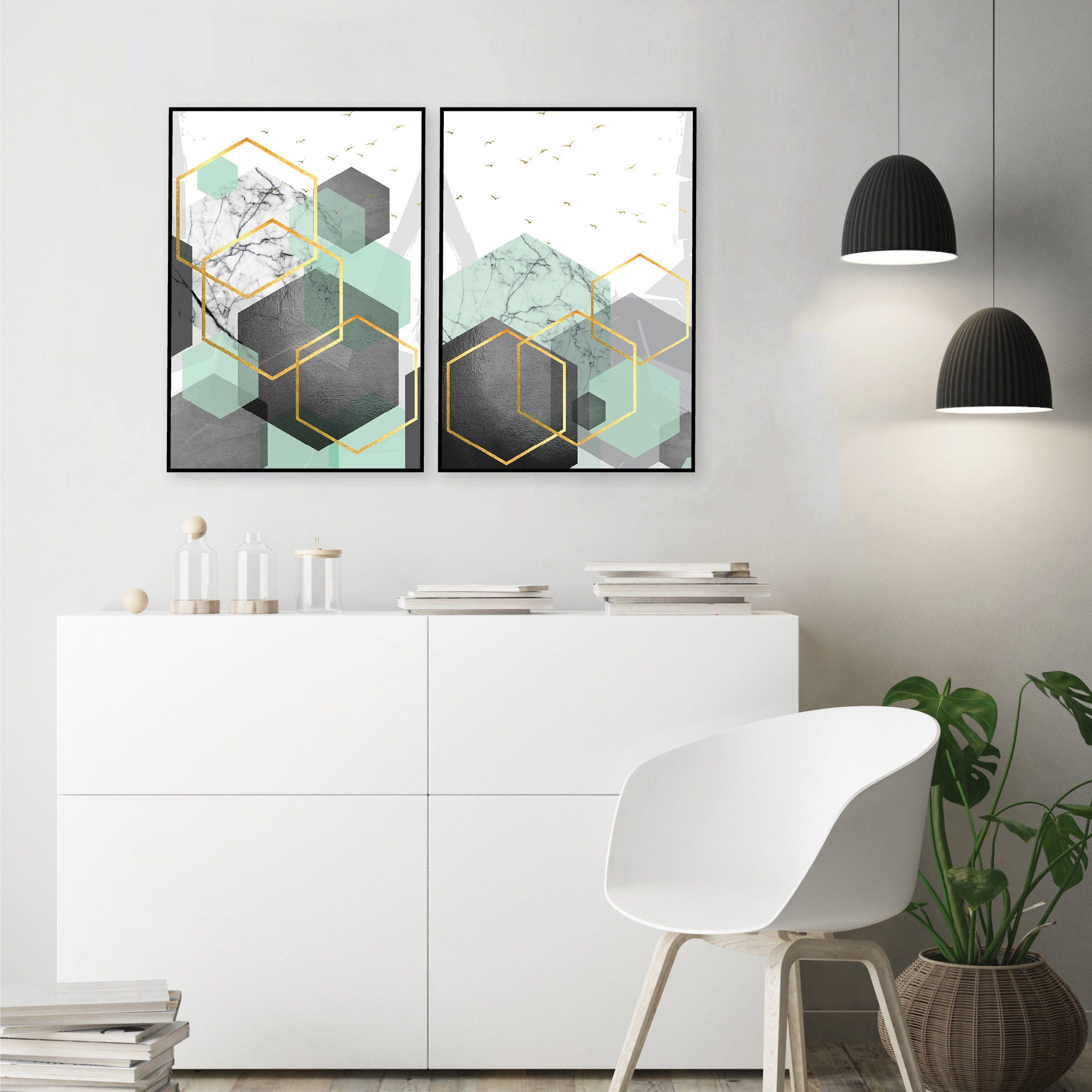Set of 2 Mint Green Grey Gold Downloadable Geometric Prints - Etsy ...