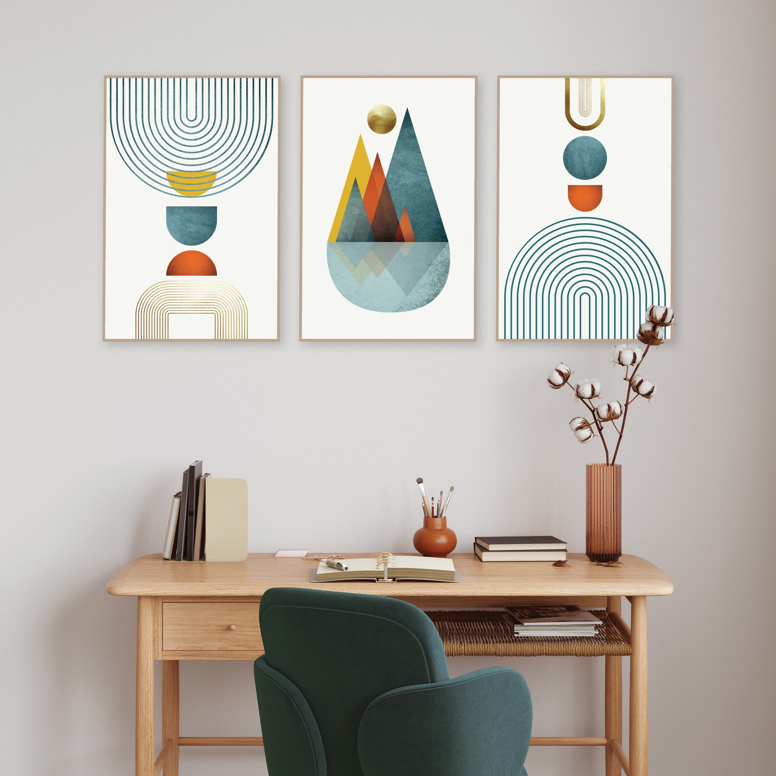 Printable Burnt Orange Teal Gold Wall Art, Art Set of 3, Mid Century ...