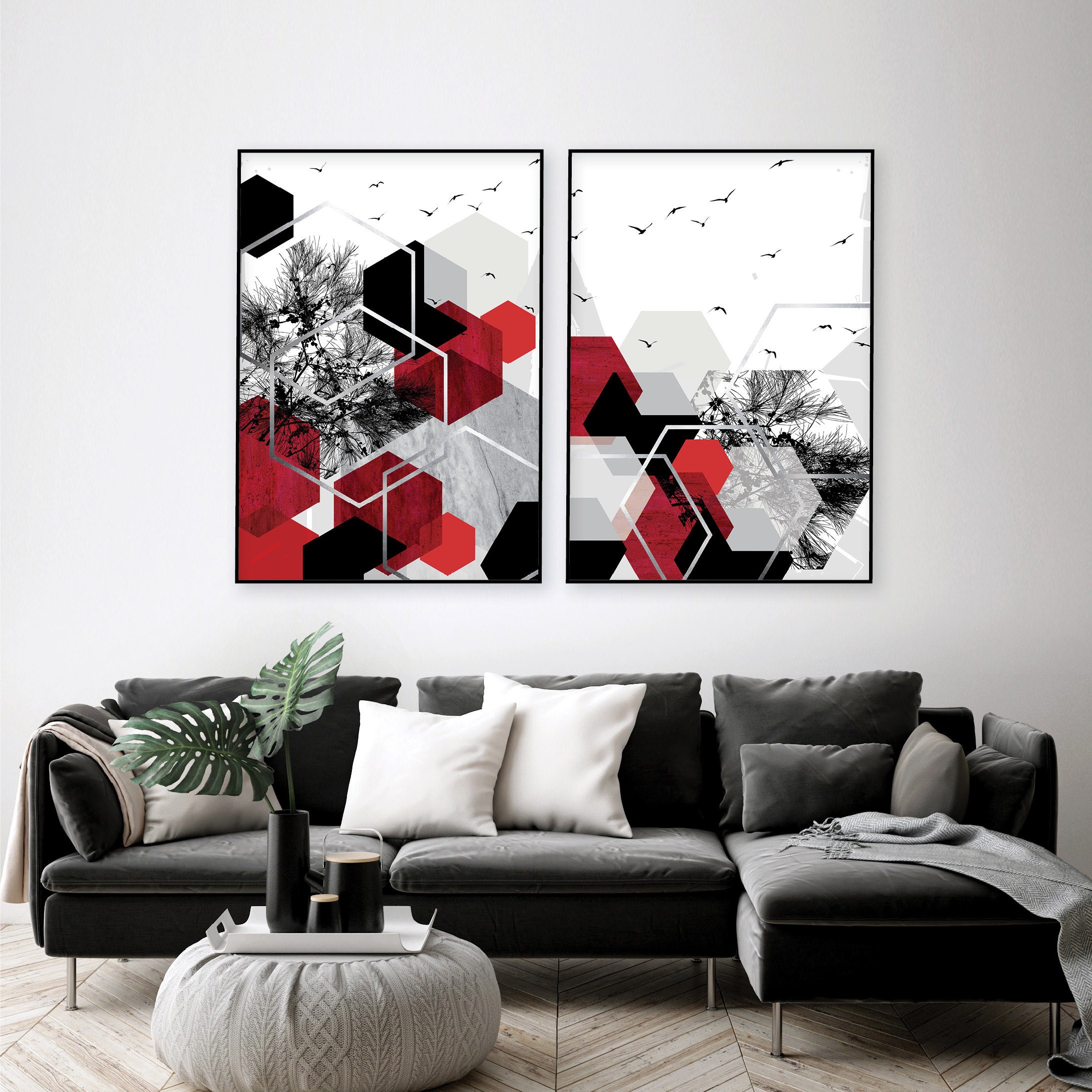 Printable set of 2 red grey black silver geometric abstract | Etsy