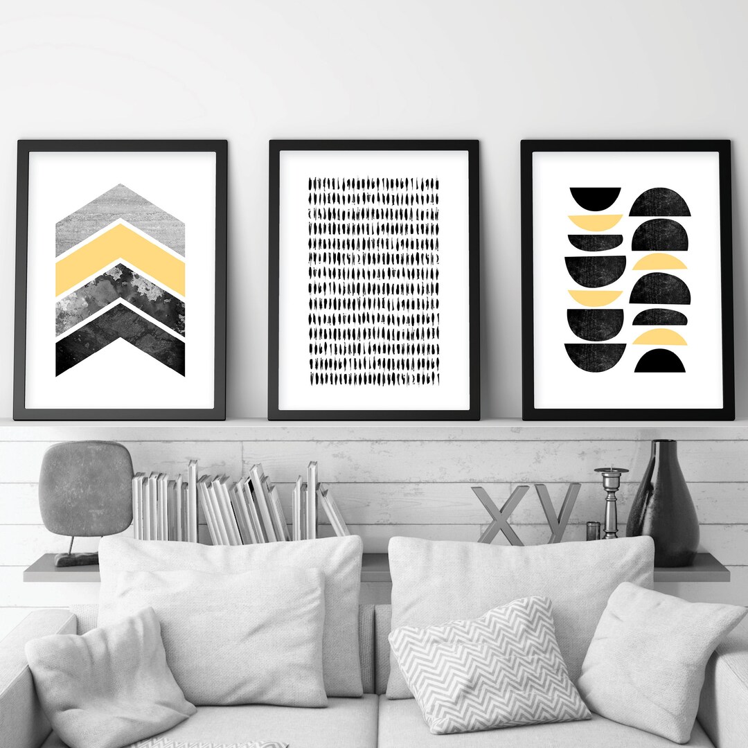 Downloadable Set of 3 Scandi Prints Black White Yellow Grey Minimalist ...