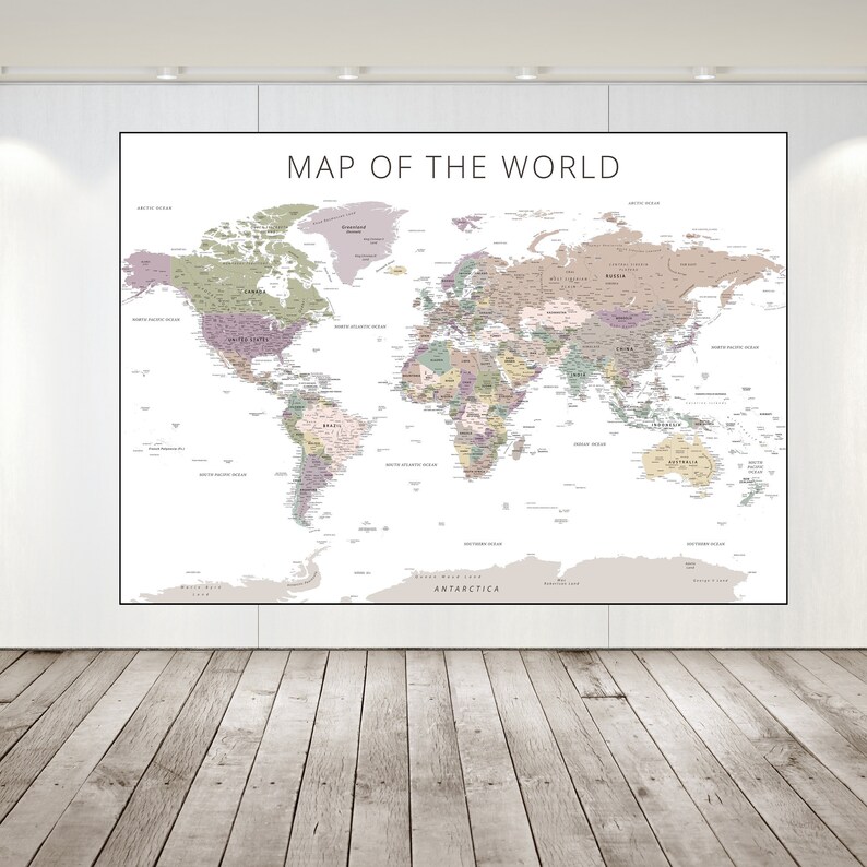 Highly Detailed Printable World Map Poster in Muted Neutral - Etsy ...
