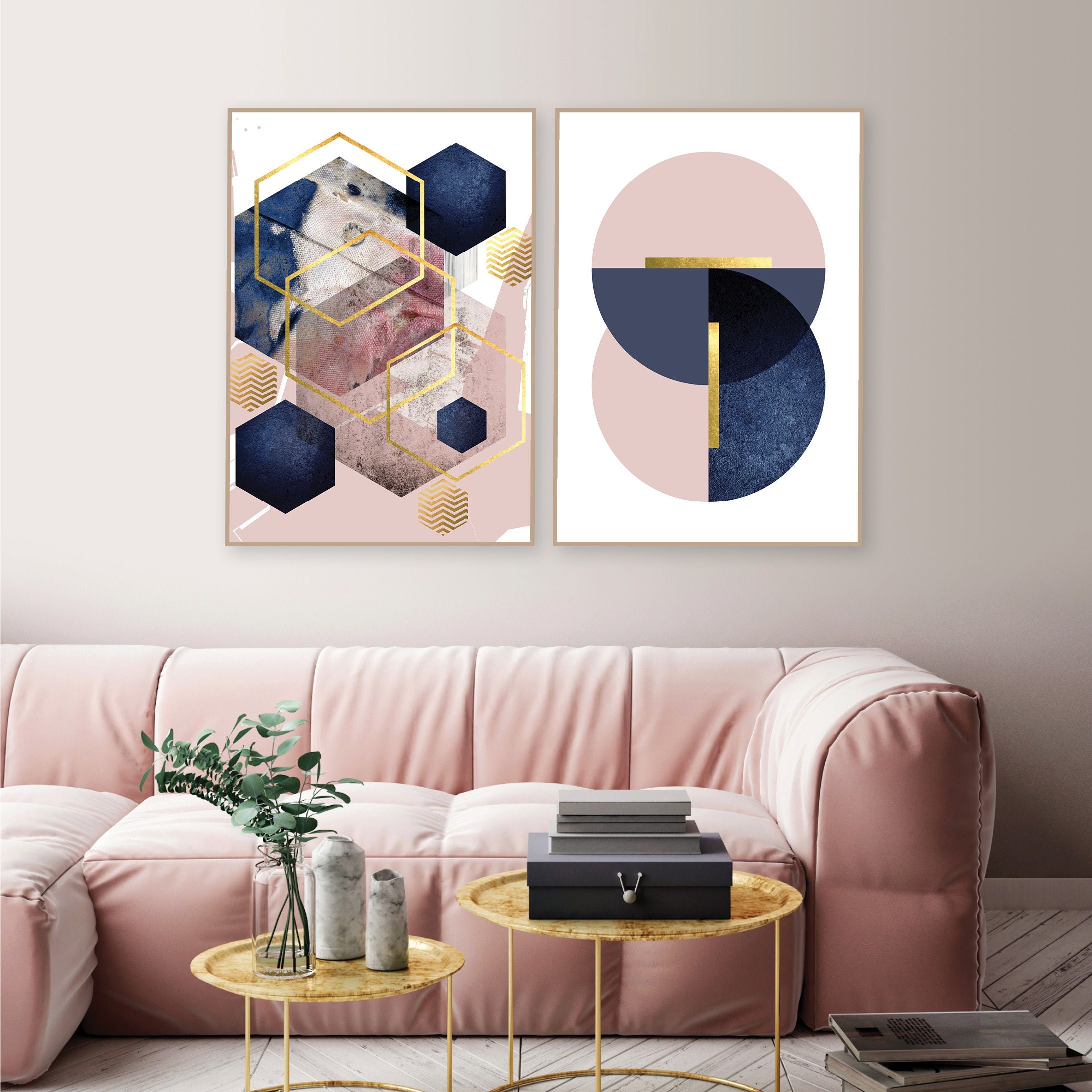 Blush Navy Gold Set of 2 Printable Abstract Digital Download | Etsy