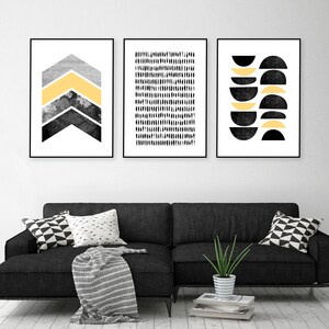 Downloadable Set of 3 Scandi Prints Black White Yellow Grey Minimalist ...