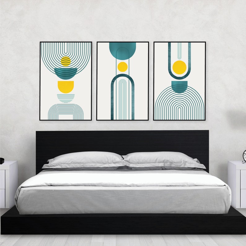 Printable Modern Mid Century Set of 3 Teal Yellow - Etsy