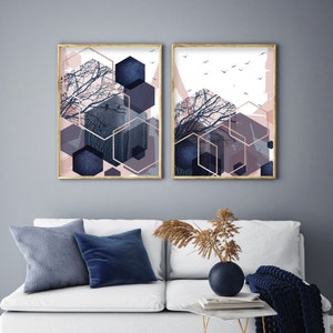 Set of 2 Printable Blush and Navy Geometric Art Prints Digital Download ...