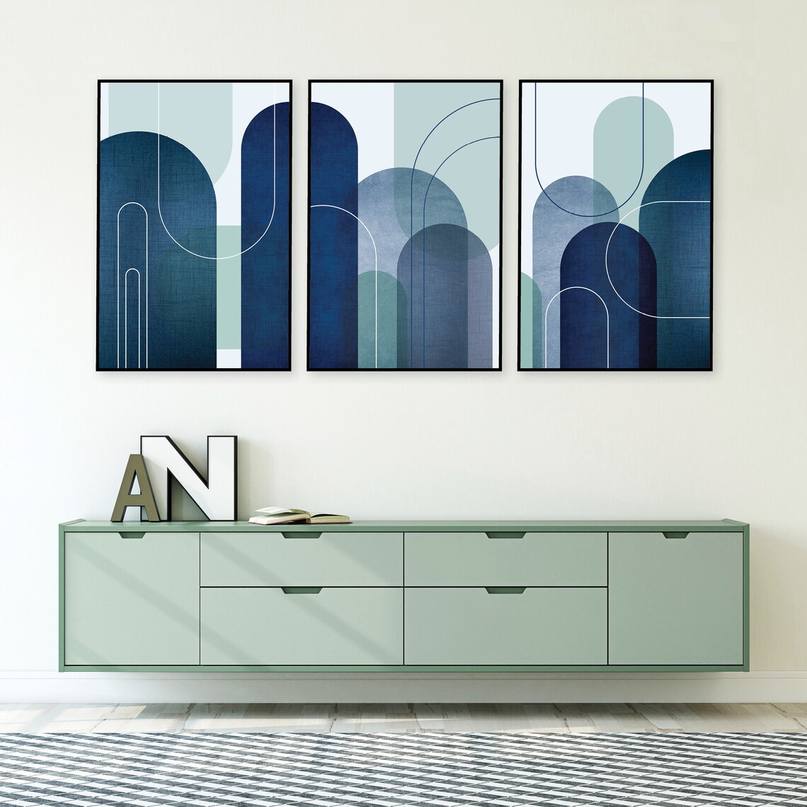 Printable Mid Century Modern Set of 3 in Navy Blue White and Teal ...