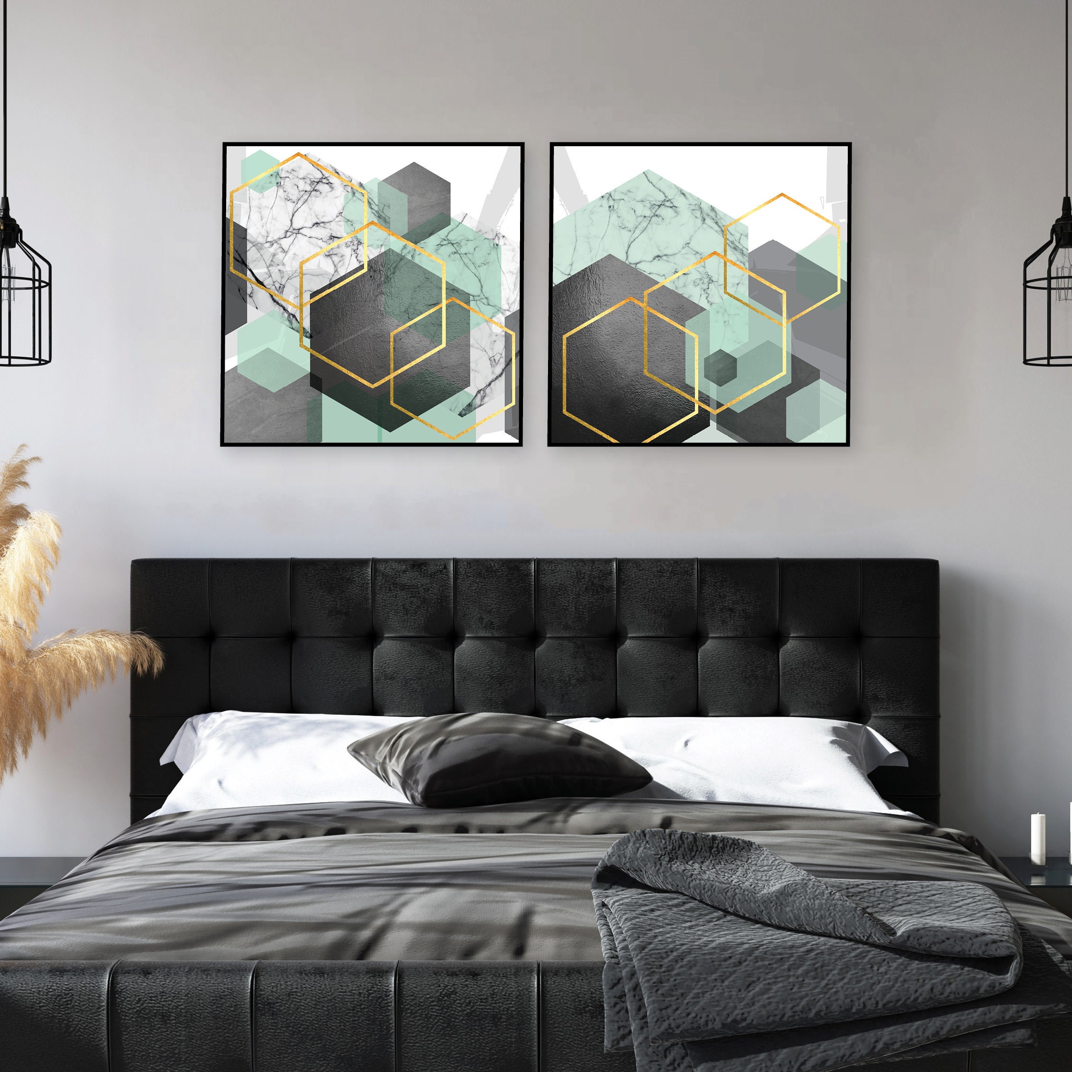 Set of 2 Mint Green Grey Gold Downloadable Geometric Square Prints ...