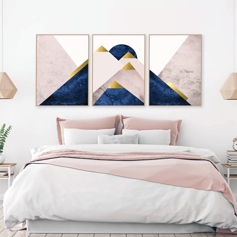 Blush Pink Navy Gold Printable Art Set of 3 Downloadable Mountain ...