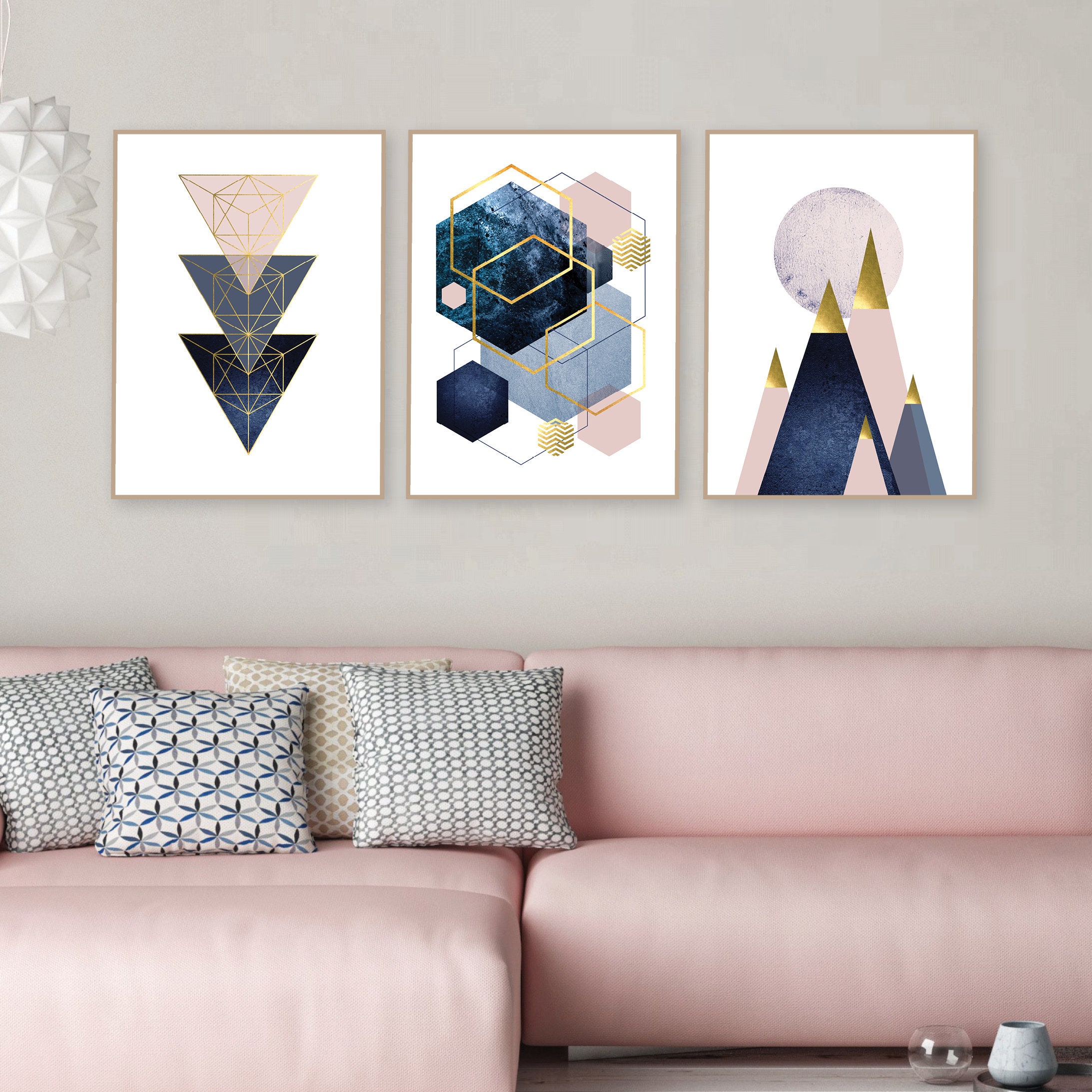 Set of 3 printable blush pink navy blue gold posters Living | Etsy