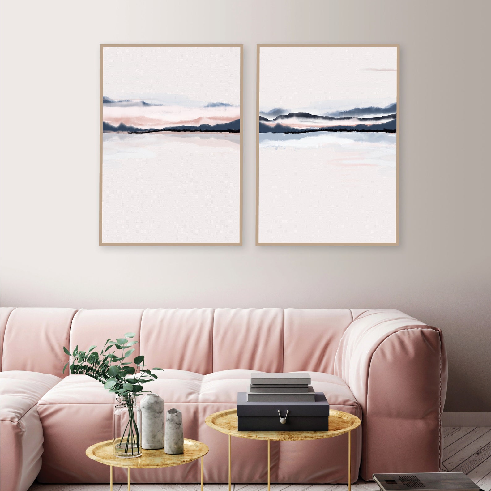Horizon, Blush Navy Wall Art, Set of 2 Prints, Navy Blush Posters ...