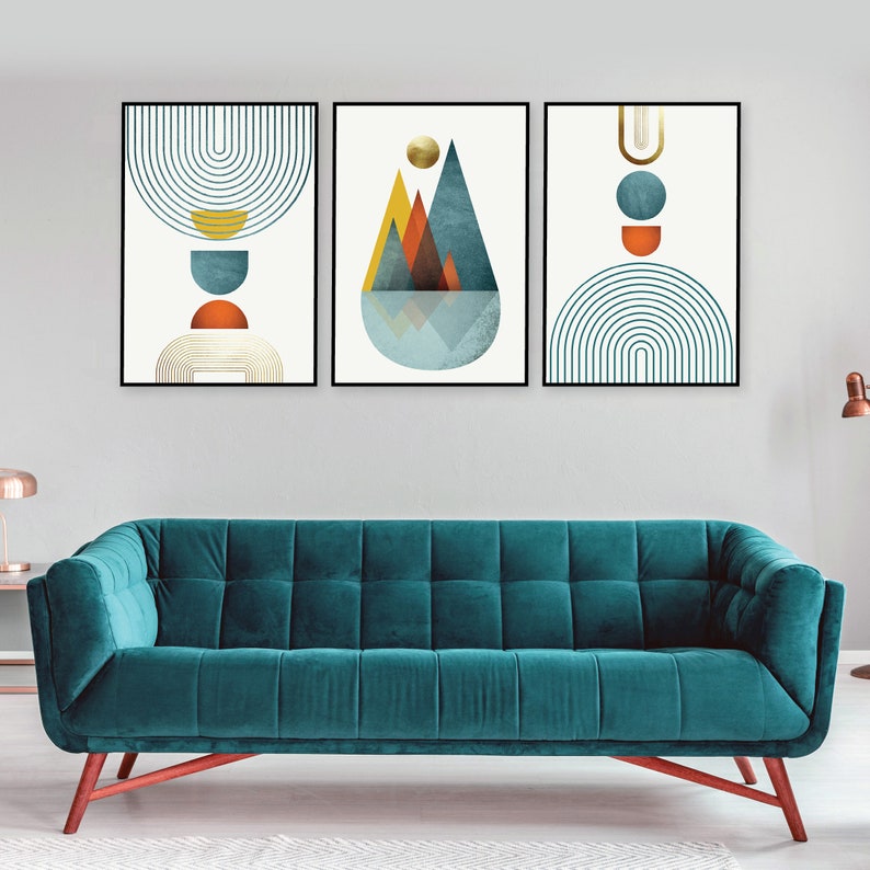 Printable Burnt Orange Teal Gold Wall Art, Art Set of 3, Mid Century ...