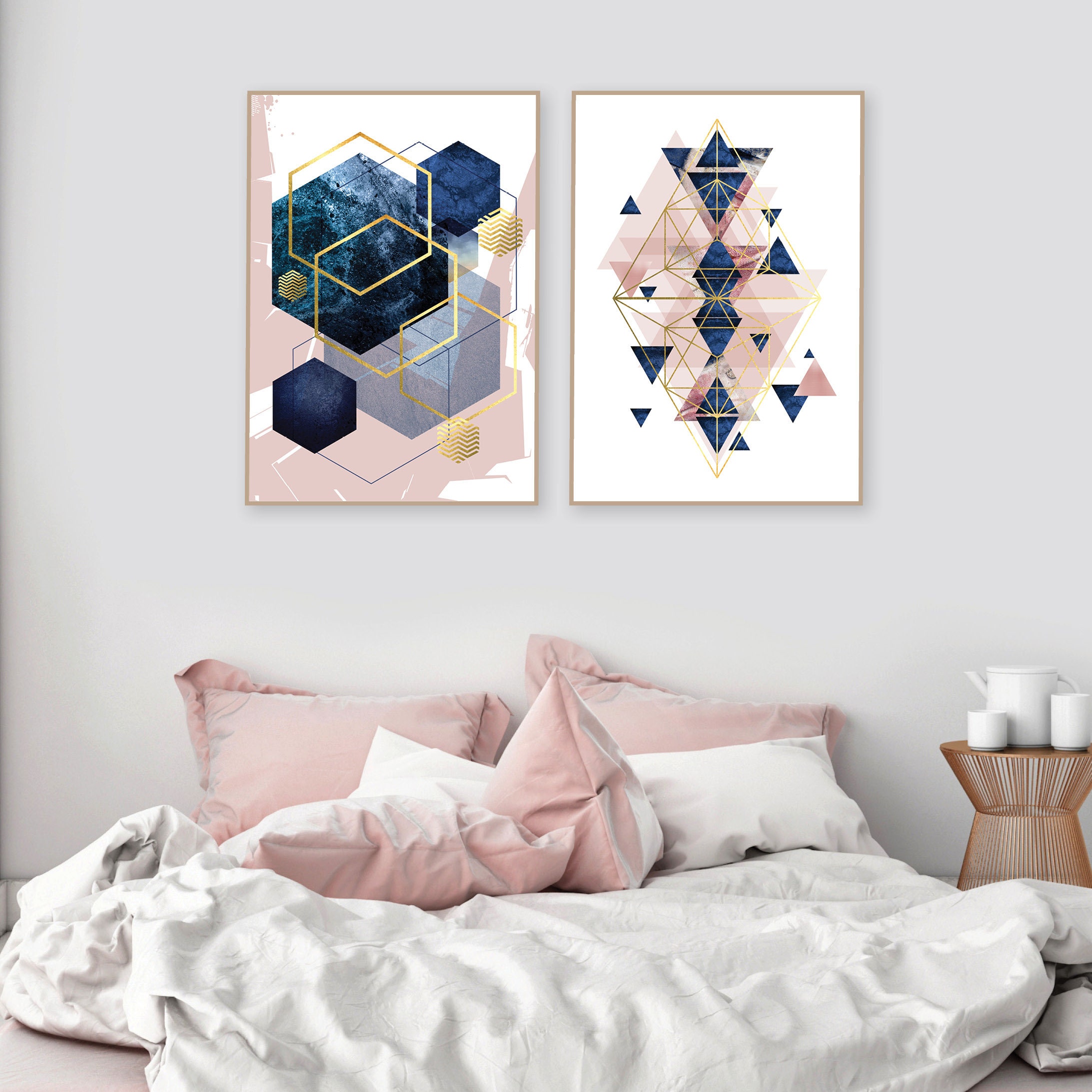 Set of 2 Printable Blush Pink Navy Gold Geometric Prints - Etsy