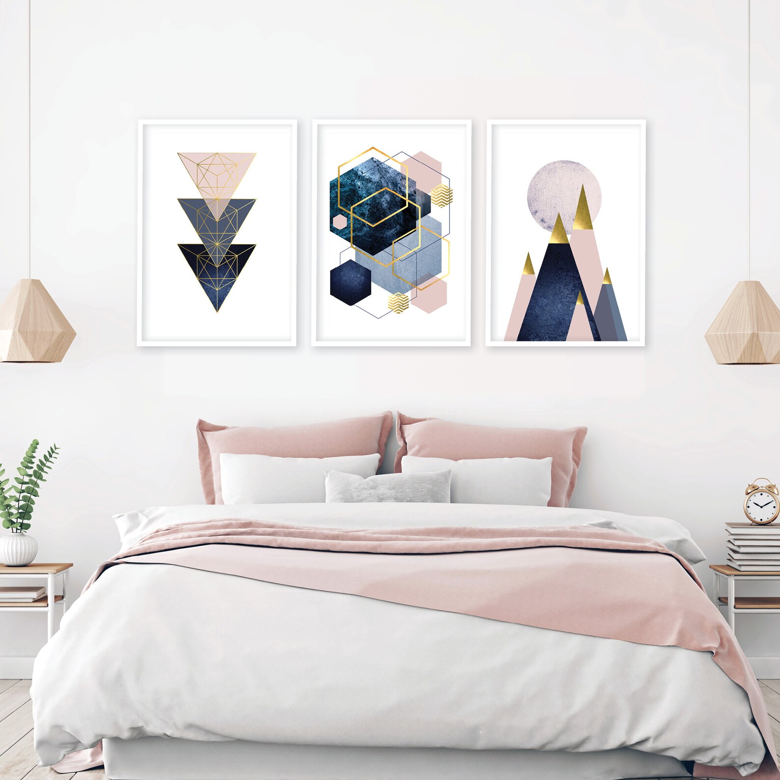 Set of 3 Printable Blush Pink Navy Blue Gold Posters Living | Etsy