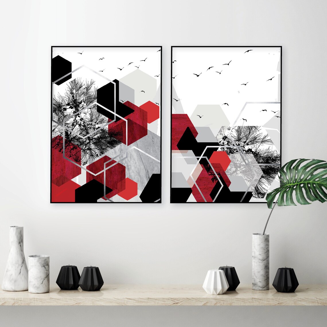Printable set of 2 red grey black silver geometric abstract | Etsy