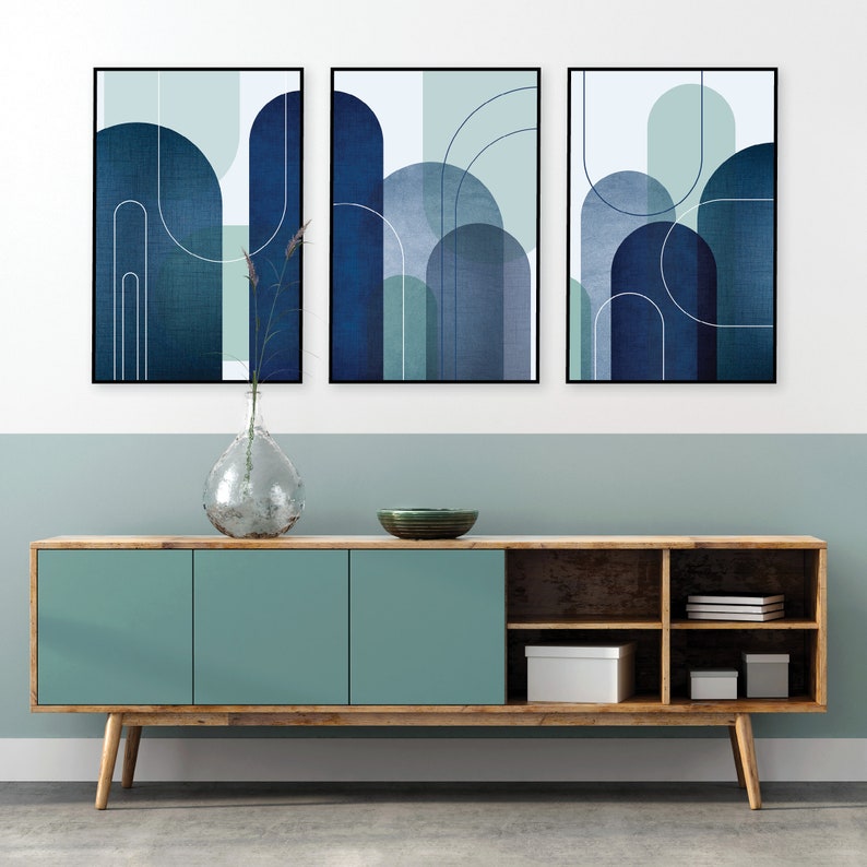 Printable Mid Century Modern Set of 3 in Navy Blue White and Teal ...