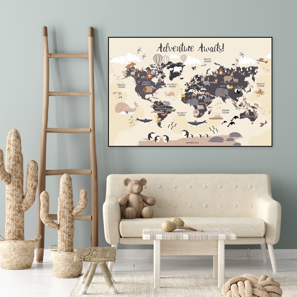 Printable World Map Nursery Poster, Downloadable Playroom World Map ...