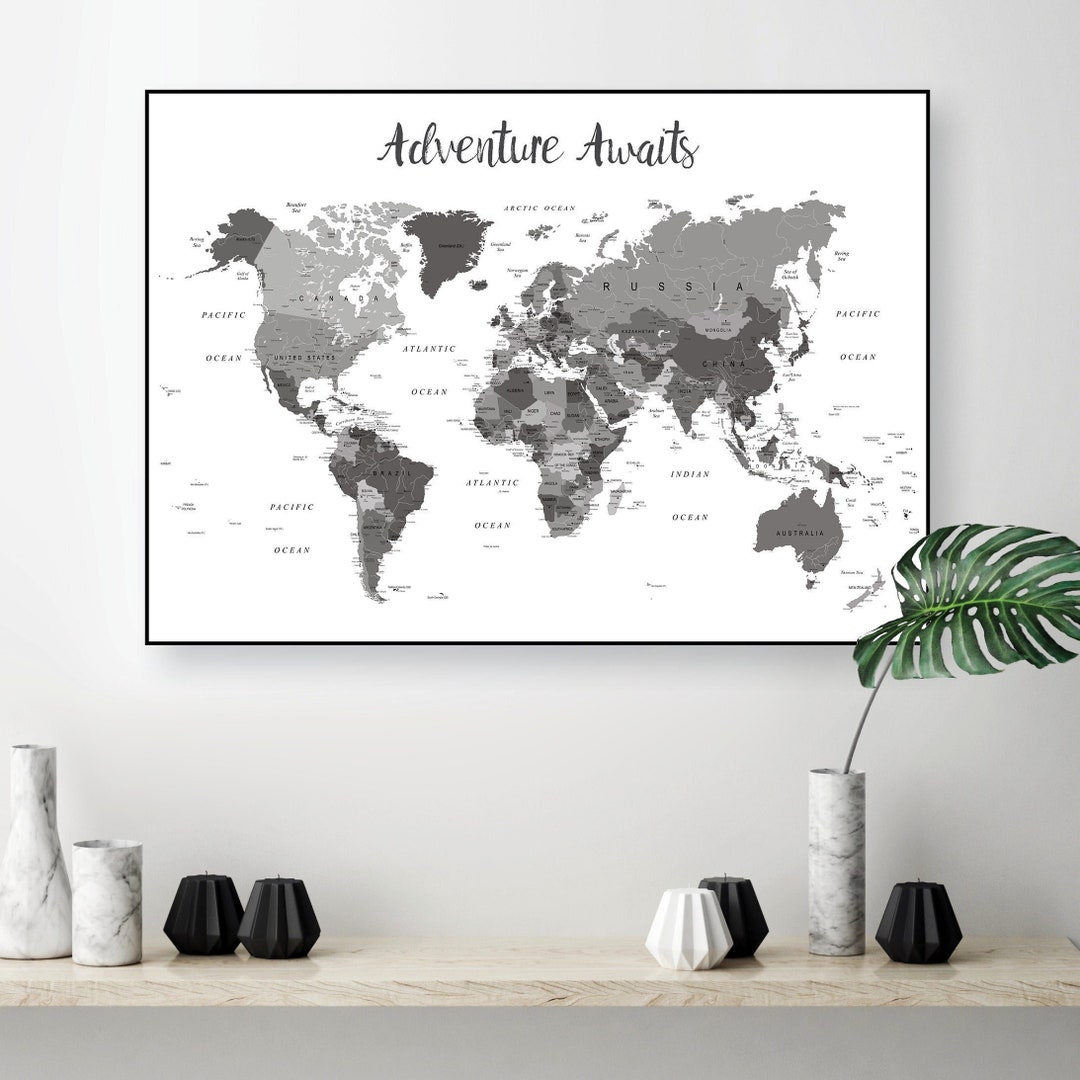 Printable Adventure Awaits World Map Monochrome Black White - Etsy