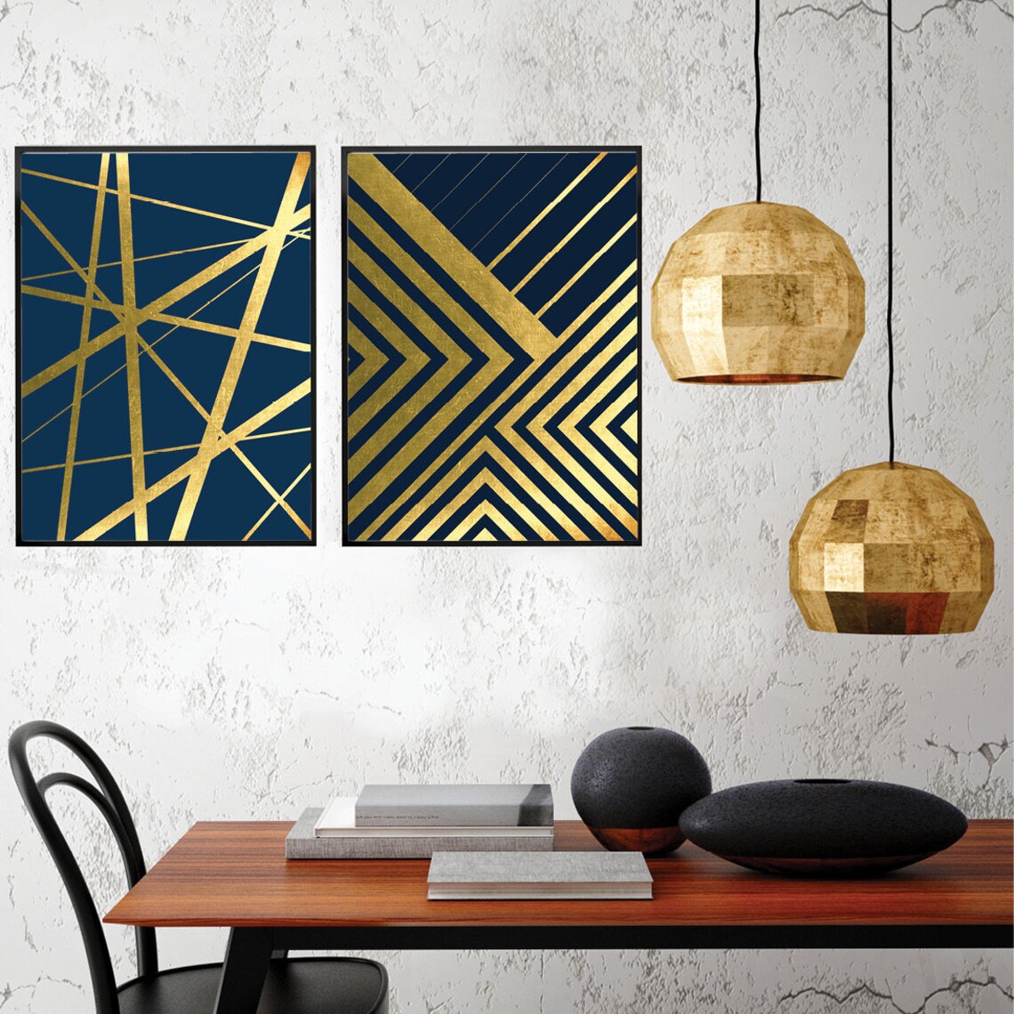 Set of 2 Printable Downloadable Geometric Prints Metallic Navy - Etsy