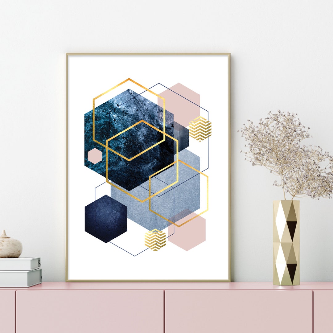 Printable Art, Blush Pink Navy Gold Art Download, Digital Download ...